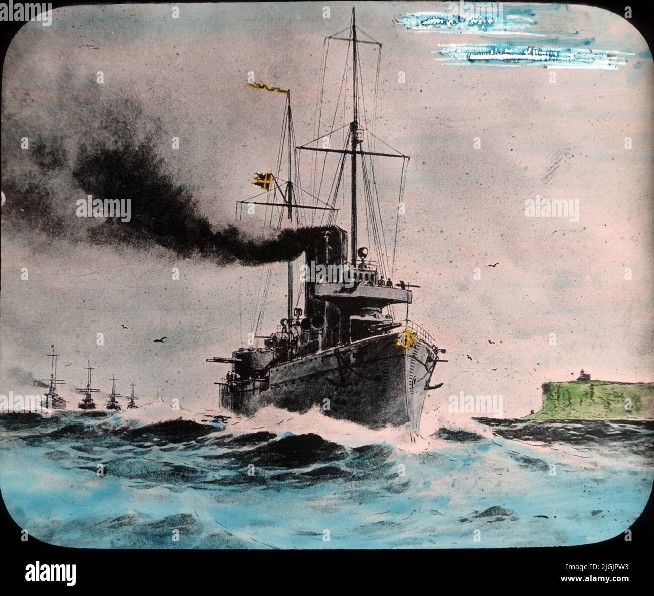 Pansarskepp Armored ship at sea. At the far end of the warship Fylgia ...