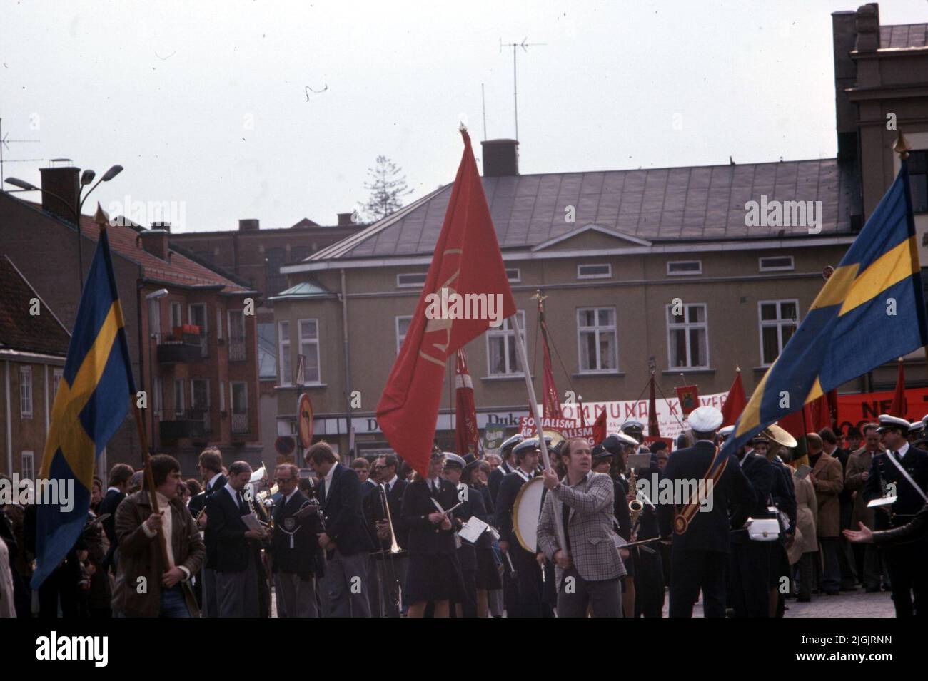 First May celebration, Karlshamn. Social Democratic flag and Sweden ...