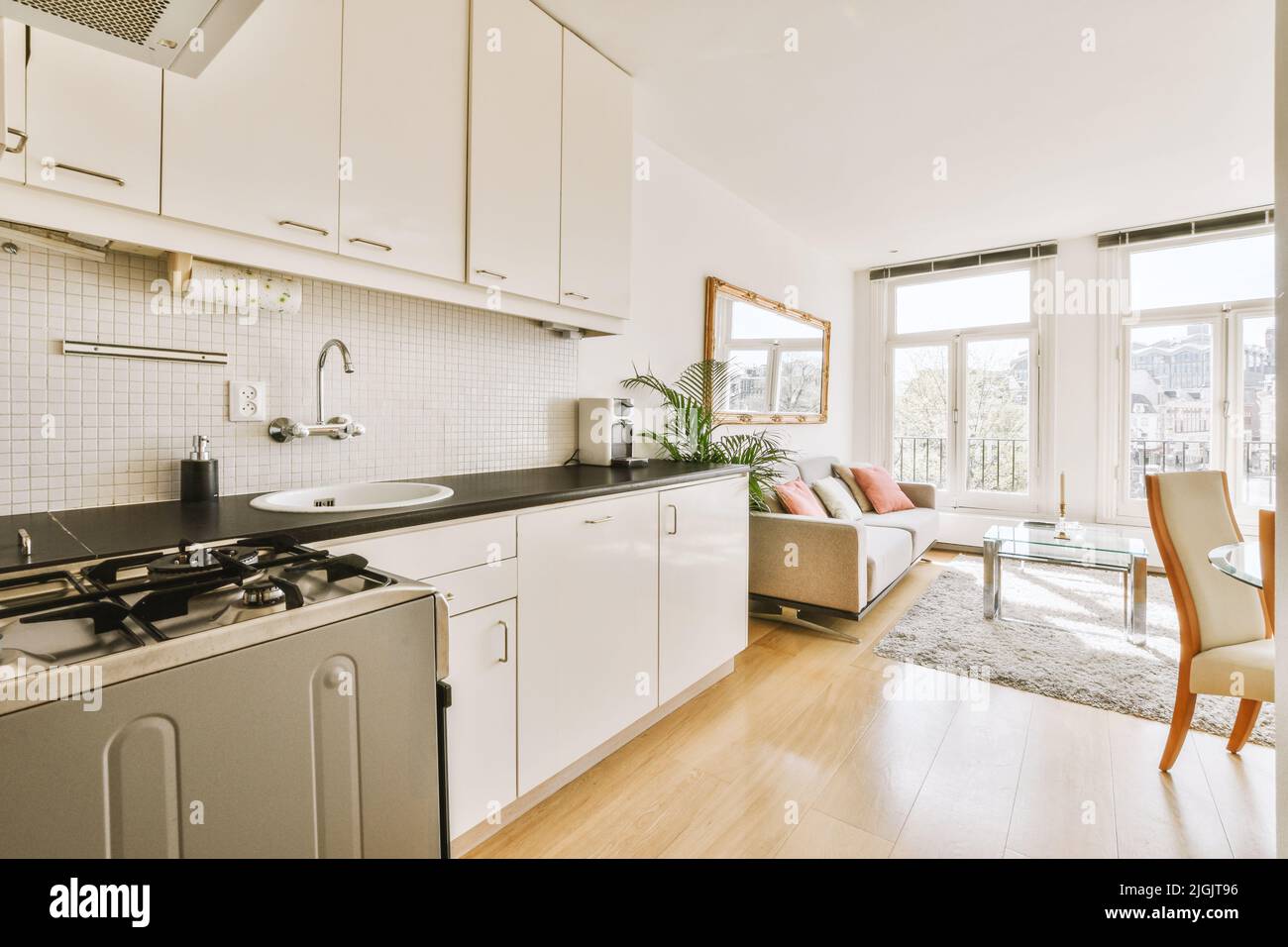 Studio apartment with white walls and open plan kitchen and dining zone ...