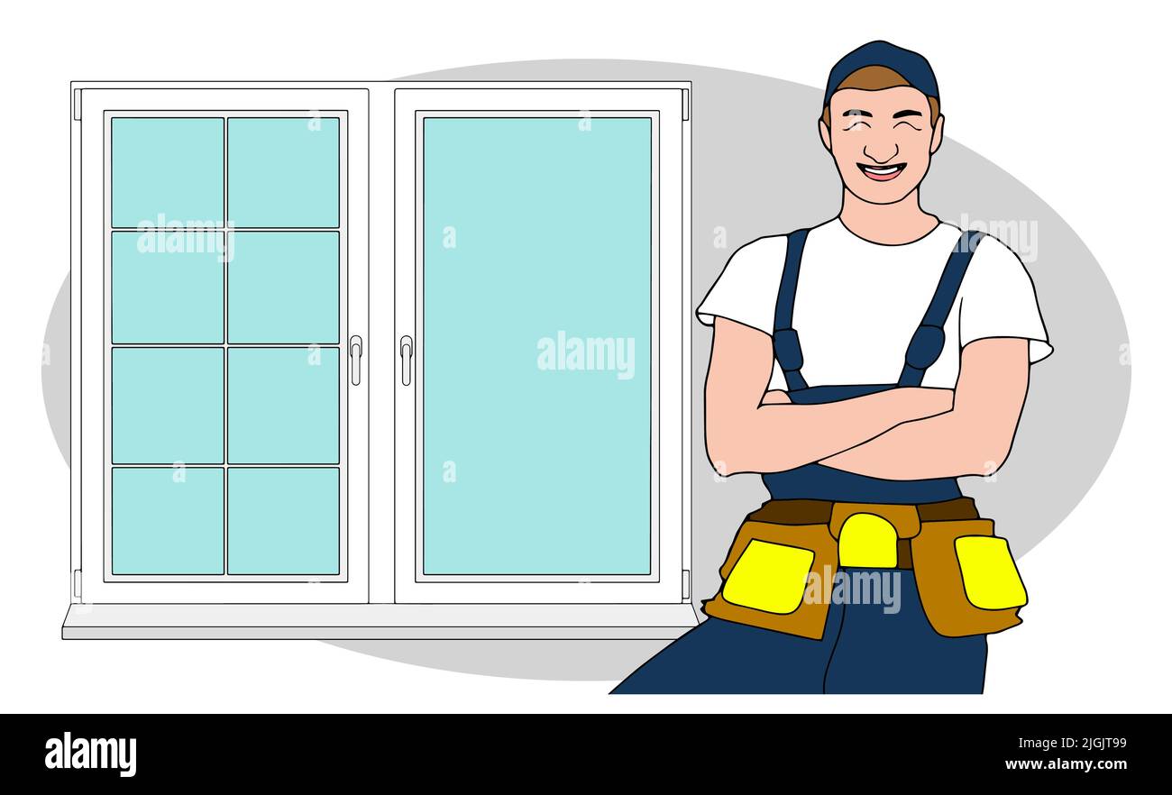 Workers install carry house windows building glass icons set flat ...