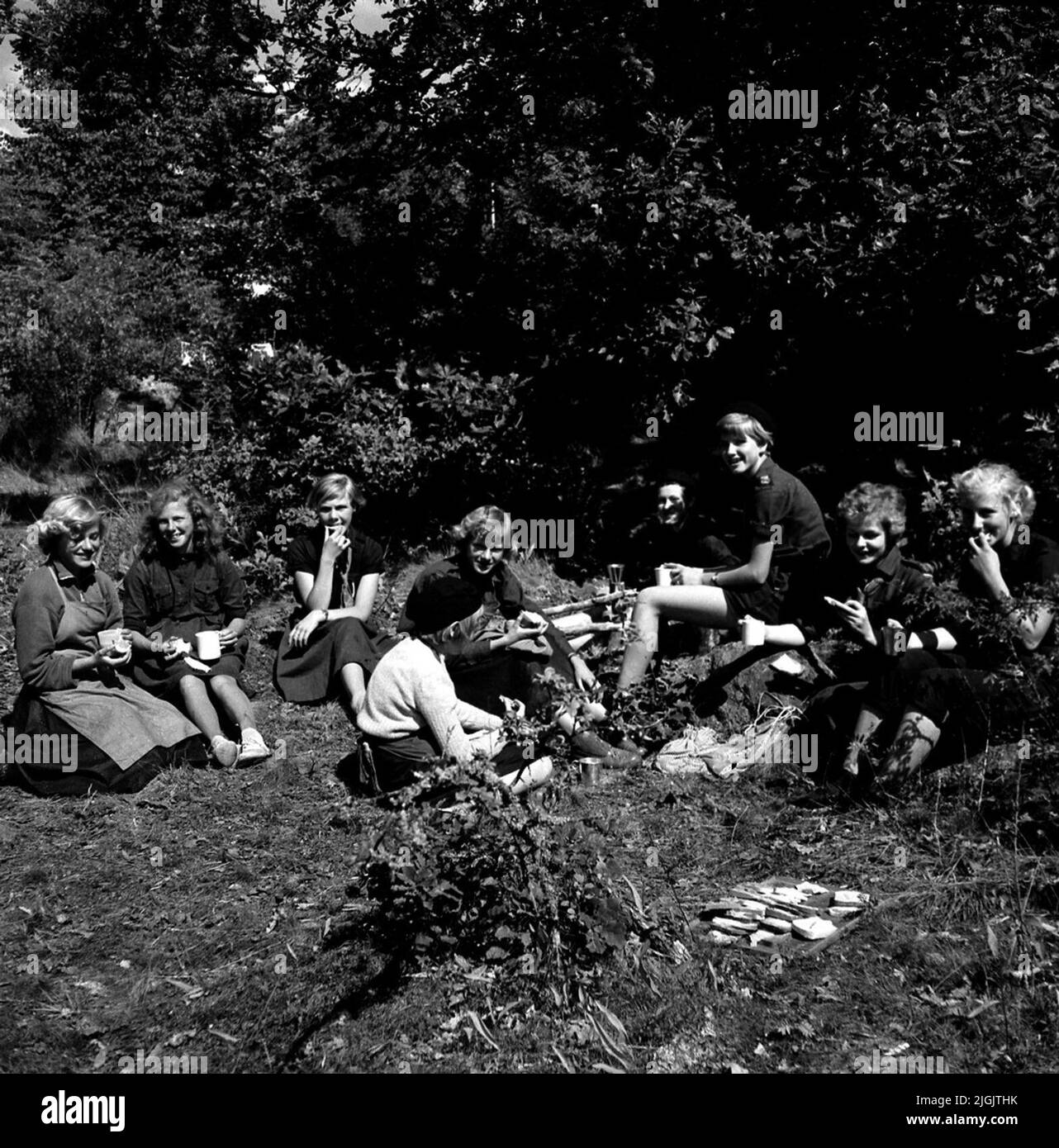 Scoutrörelse Some scouts sit and eat at the Tromtö camp. 3000 scouts ...