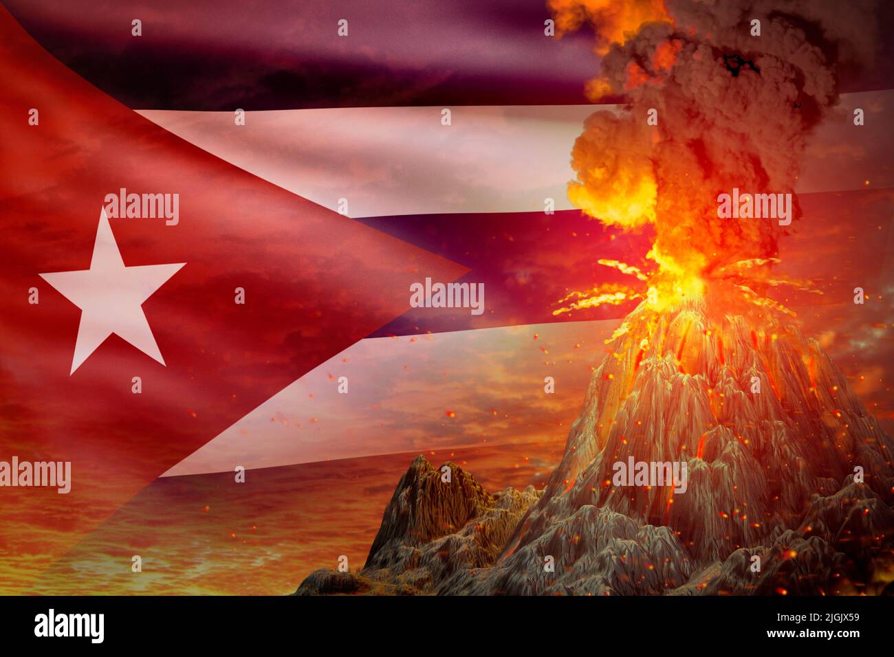conical volcano blast eruption at night with explosion on Cuba flag ...