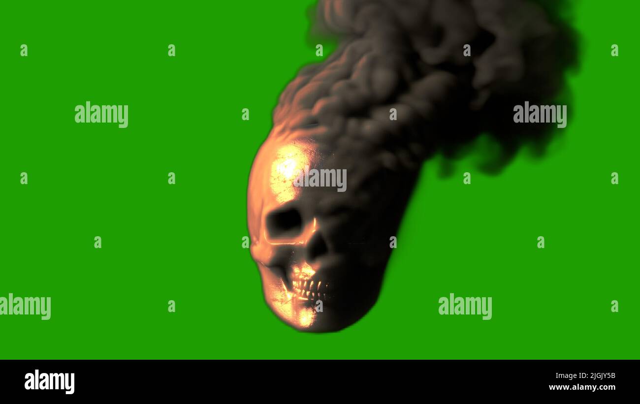 Grey scary burning human skull on chroma key screen with fire - war ...