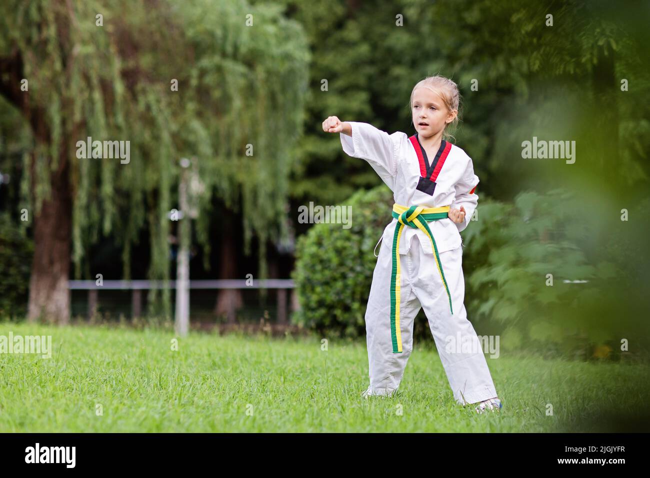 Caucasian little girl seven years old in kimono with yellow green belt ...