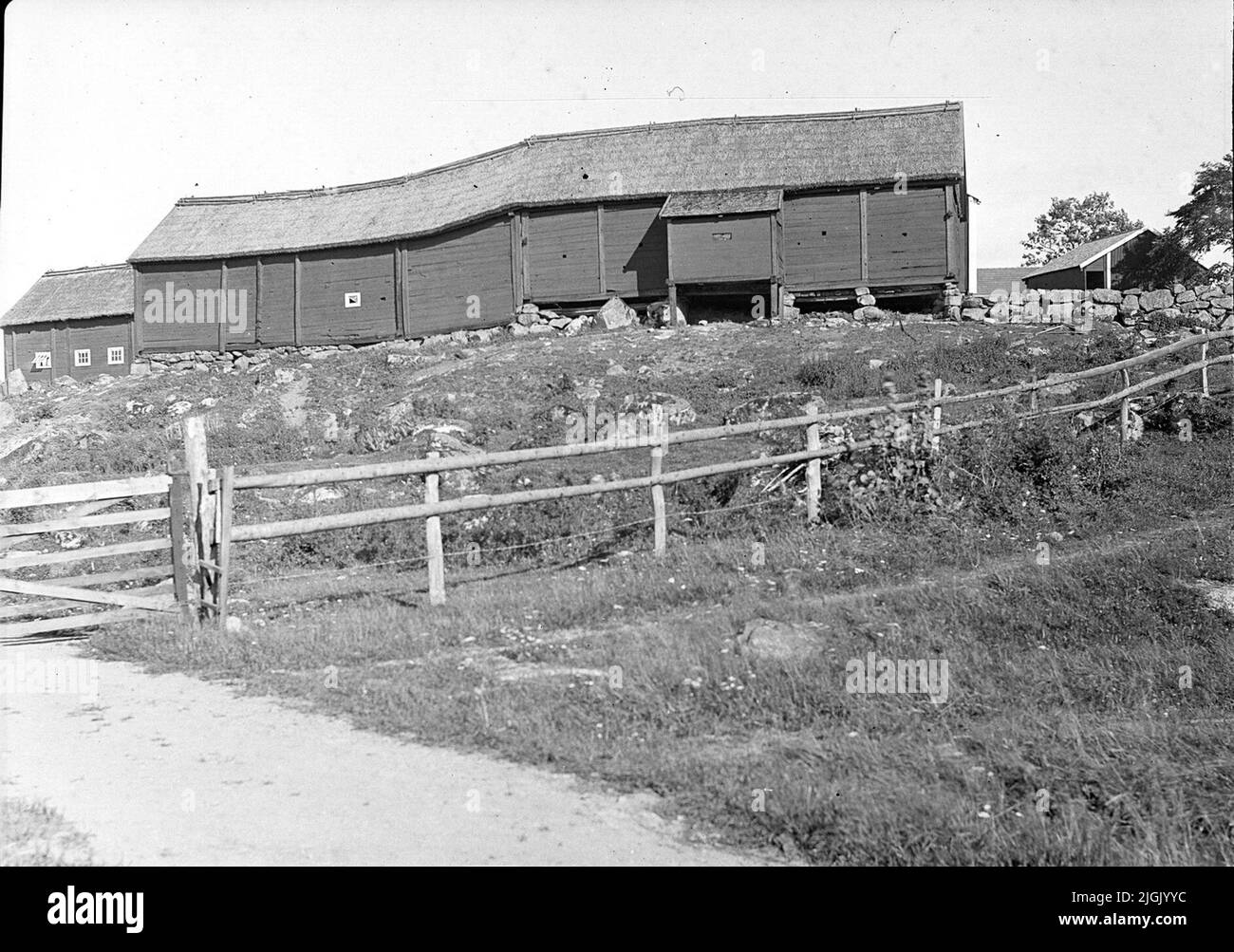 Ladugård A barn that is built on uneven rocky ground. In the foreground ...