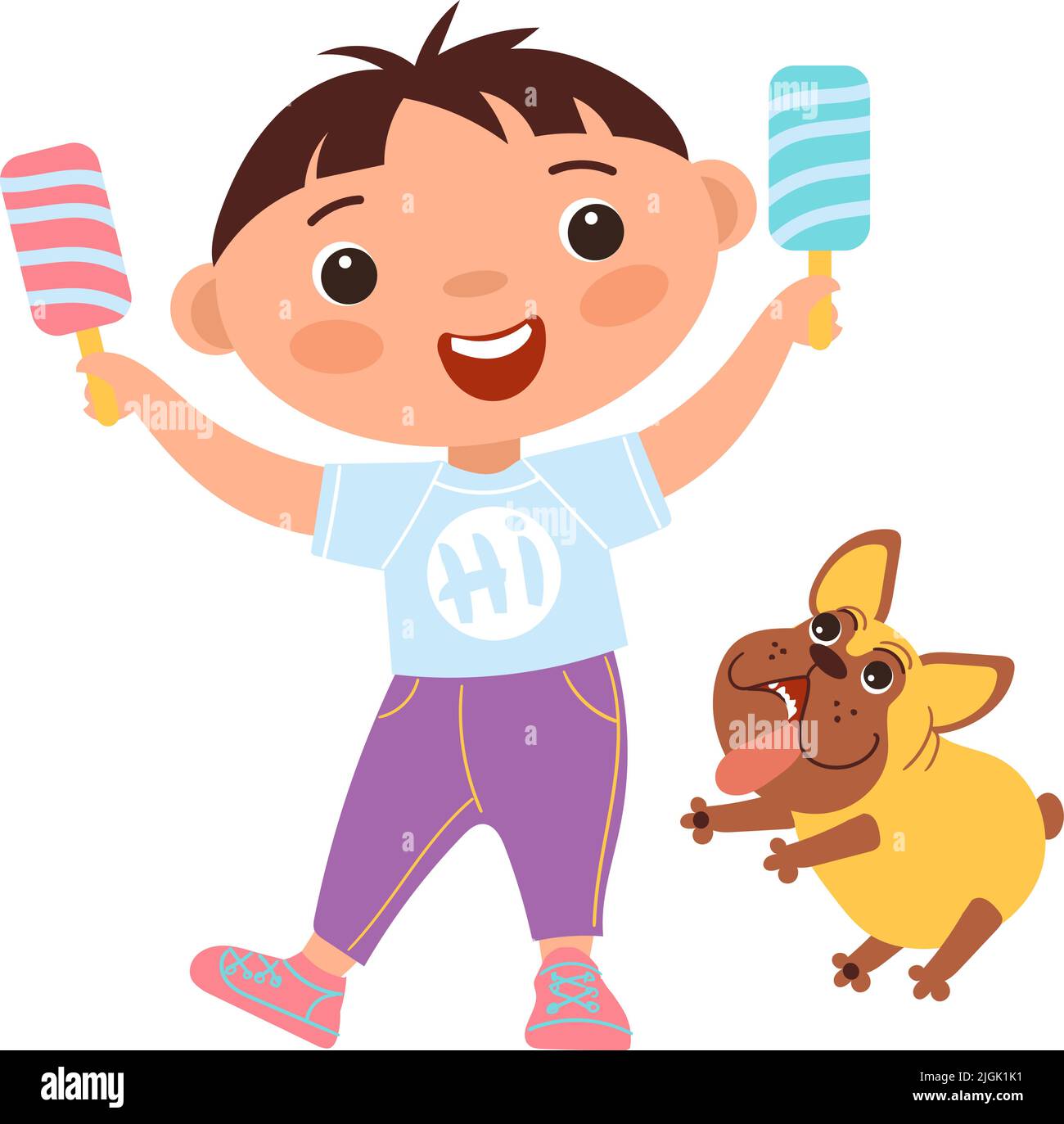 Child with popsickles in hands and funny dog. Happy cartoon boy Stock ...