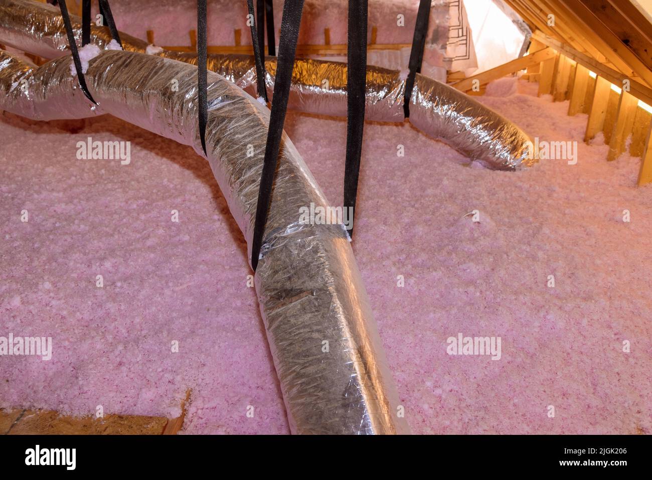 In the attic insulation roof, eco wool insulation is poured Stock Photo ...