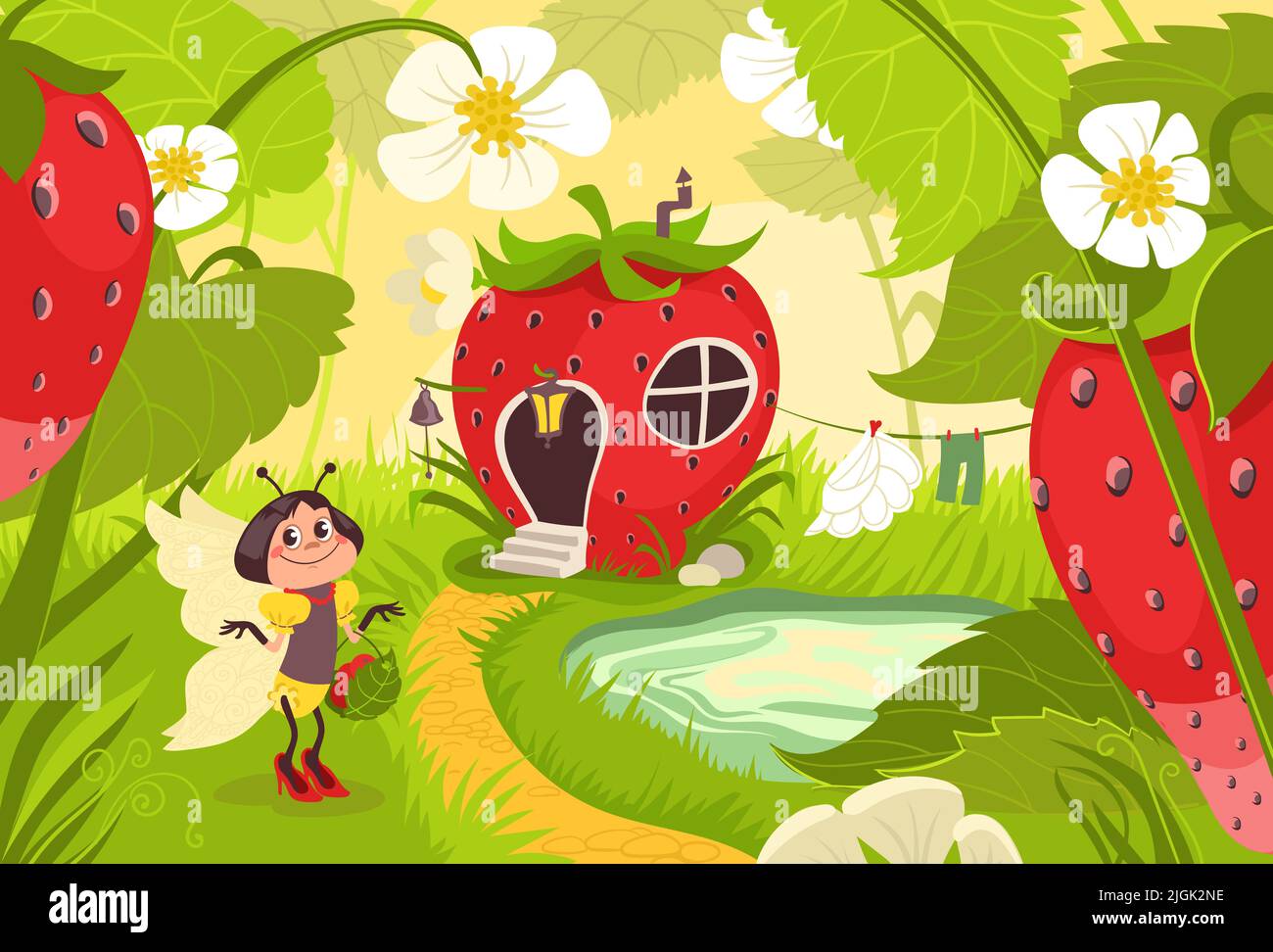 Fantasy house landscape. Fairytale strawberry shaped dwelling and cute ...