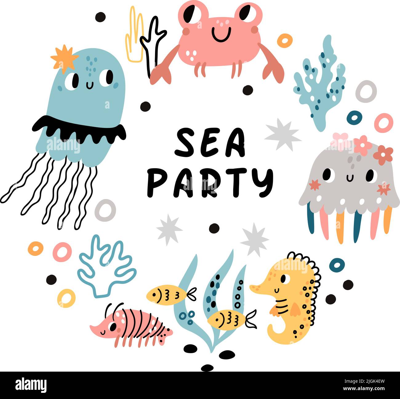 Sea party round banner. Underwater animals invitation card Stock Vector ...