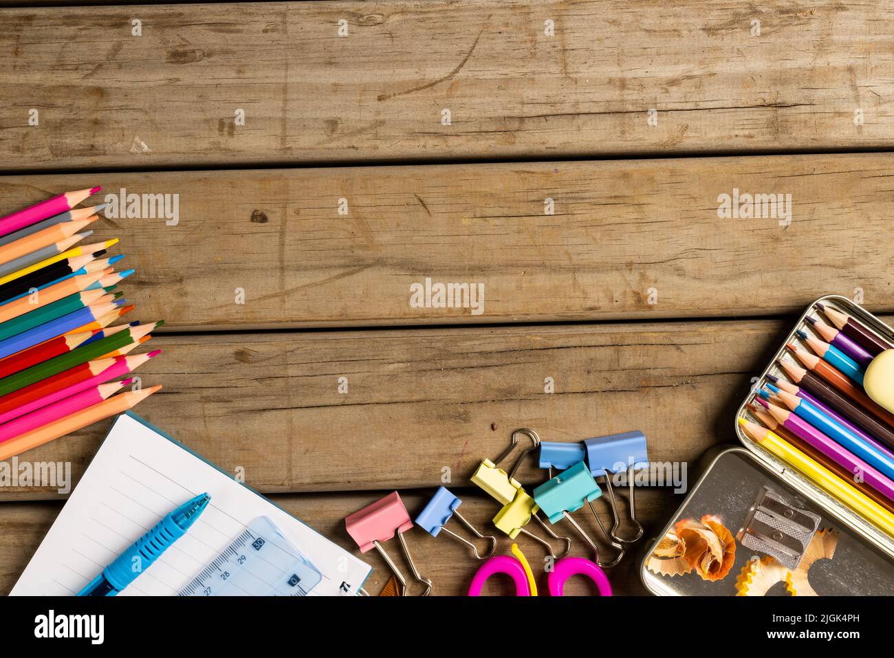 Composition of diverse school tools on wooden surface Stock Photo - Alamy