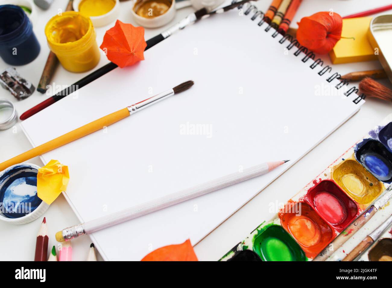 Drawing supplies close-up, mockup Stock Photo - Alamy