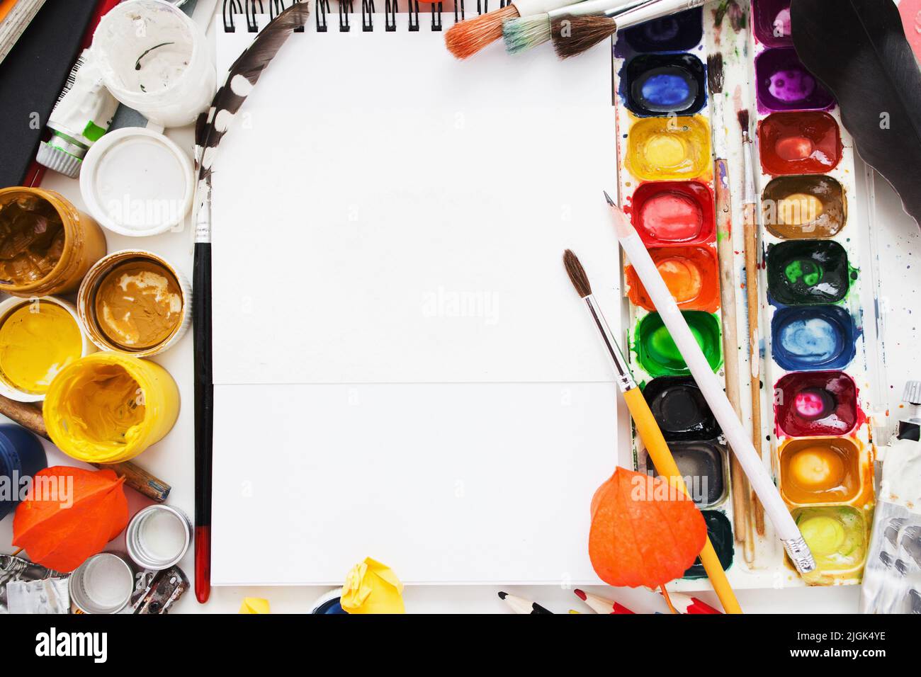 Creative artist workplace flat lay, mockup Stock Photo - Alamy