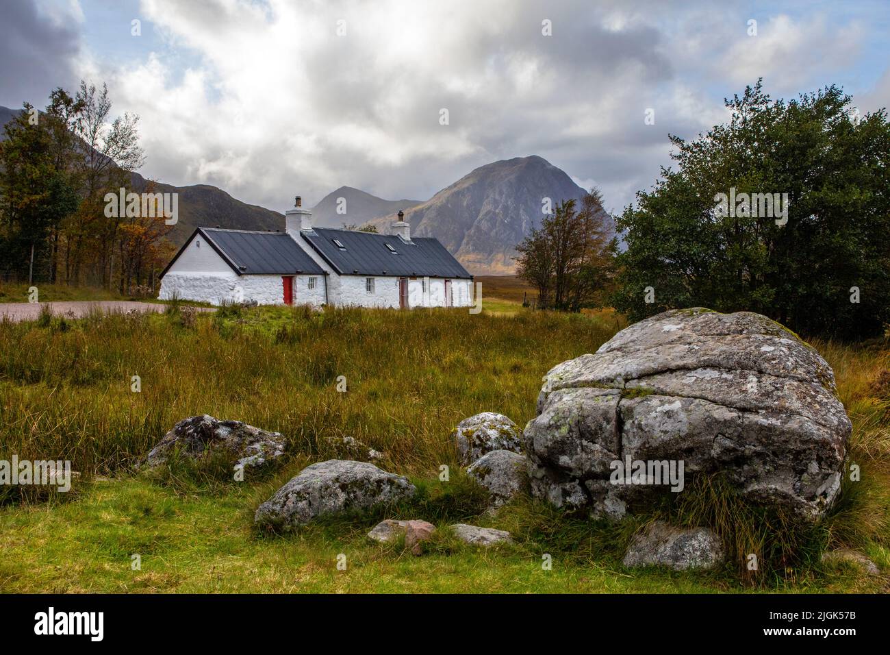 The picturesque view of Blackrock Cottage with Buachaille Etive Mor in ...