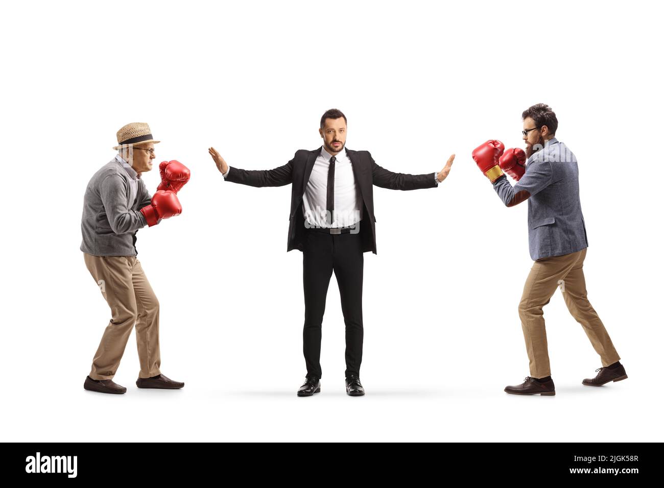 Businessman standing between elderly and younger man fighting with ...