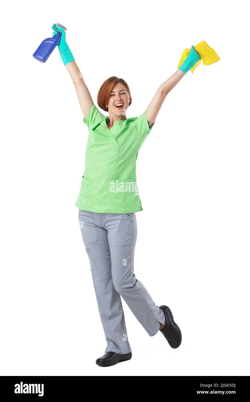 Full length portrait of professional cleaner woman with cleaning spray ...