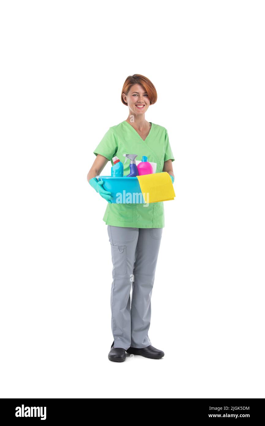 Professional cleaner woman with detergent spray container isolated on ...
