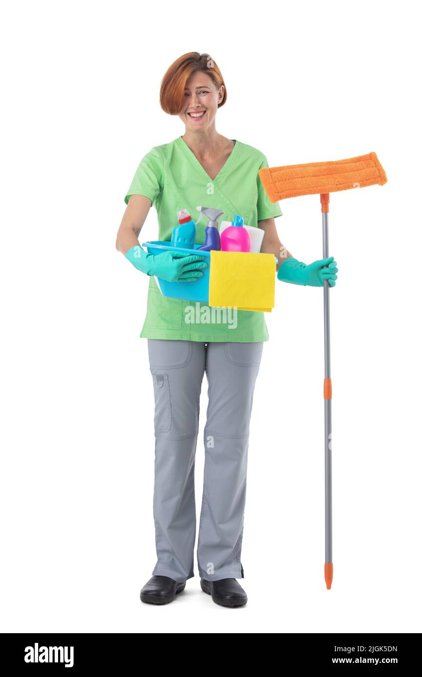 Professional cleaner woman with mop and detergent spray container ...