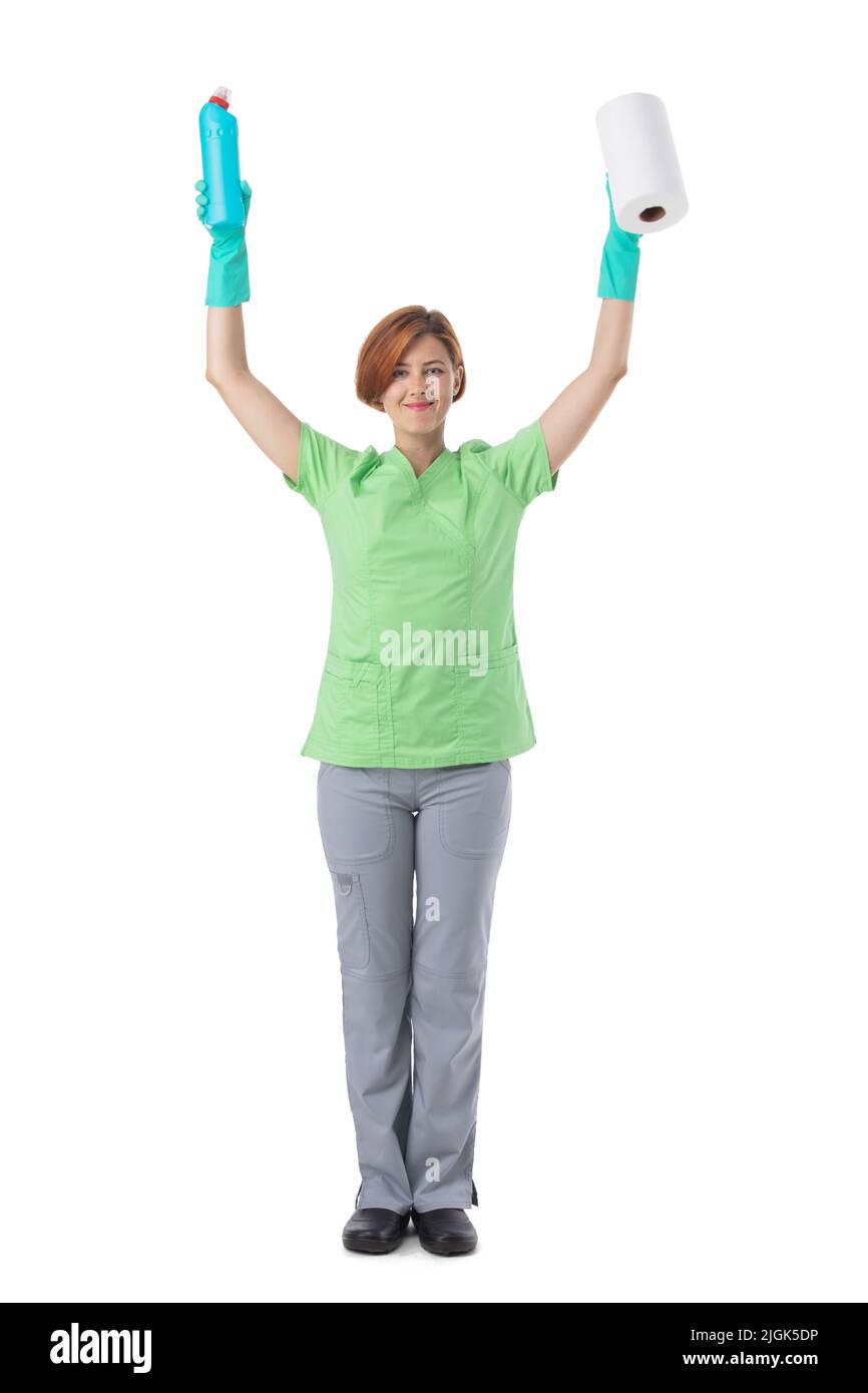 Full length portrait of professional cleaner woman with cleaning spray ...