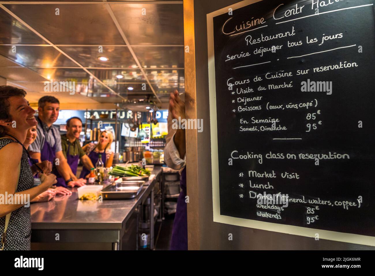 Cooking workshop in the market hall of Avignon, France. Restaurant ...