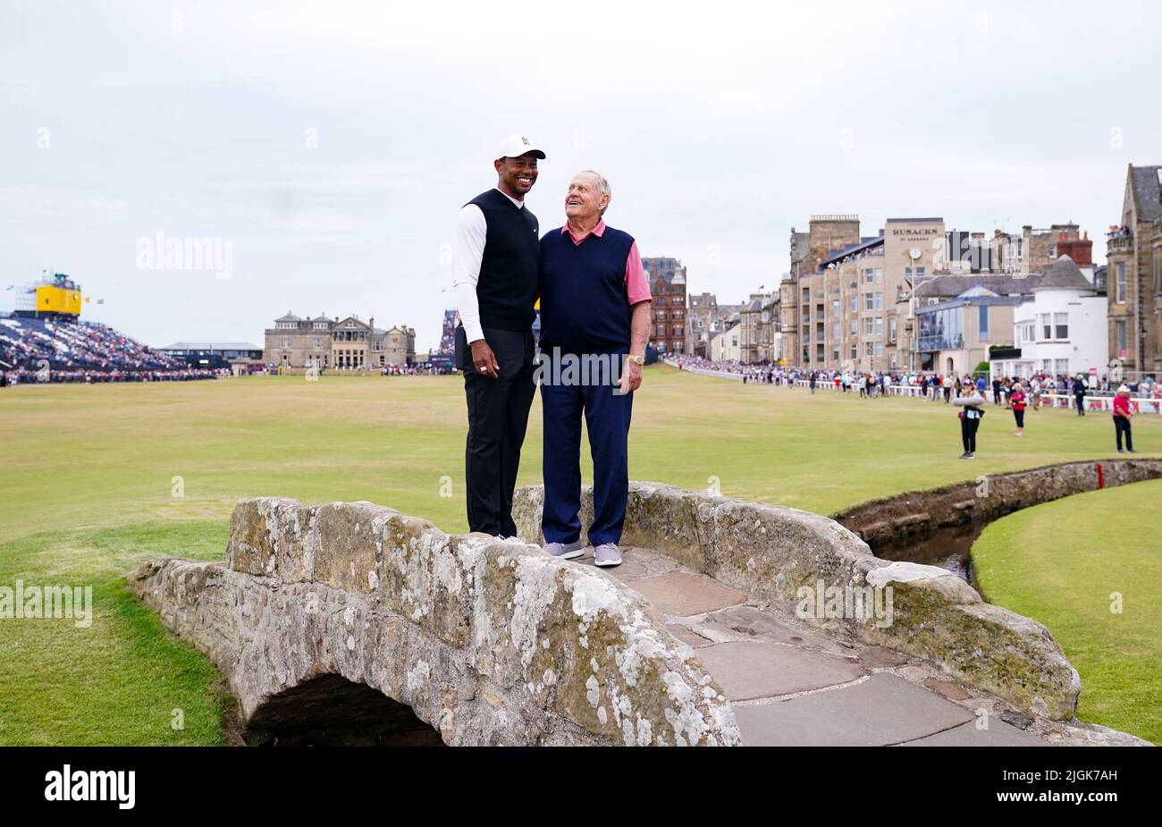 Tiger Woods and Jack Nicklaus pose for a photo on the Swilcan Bridge ...