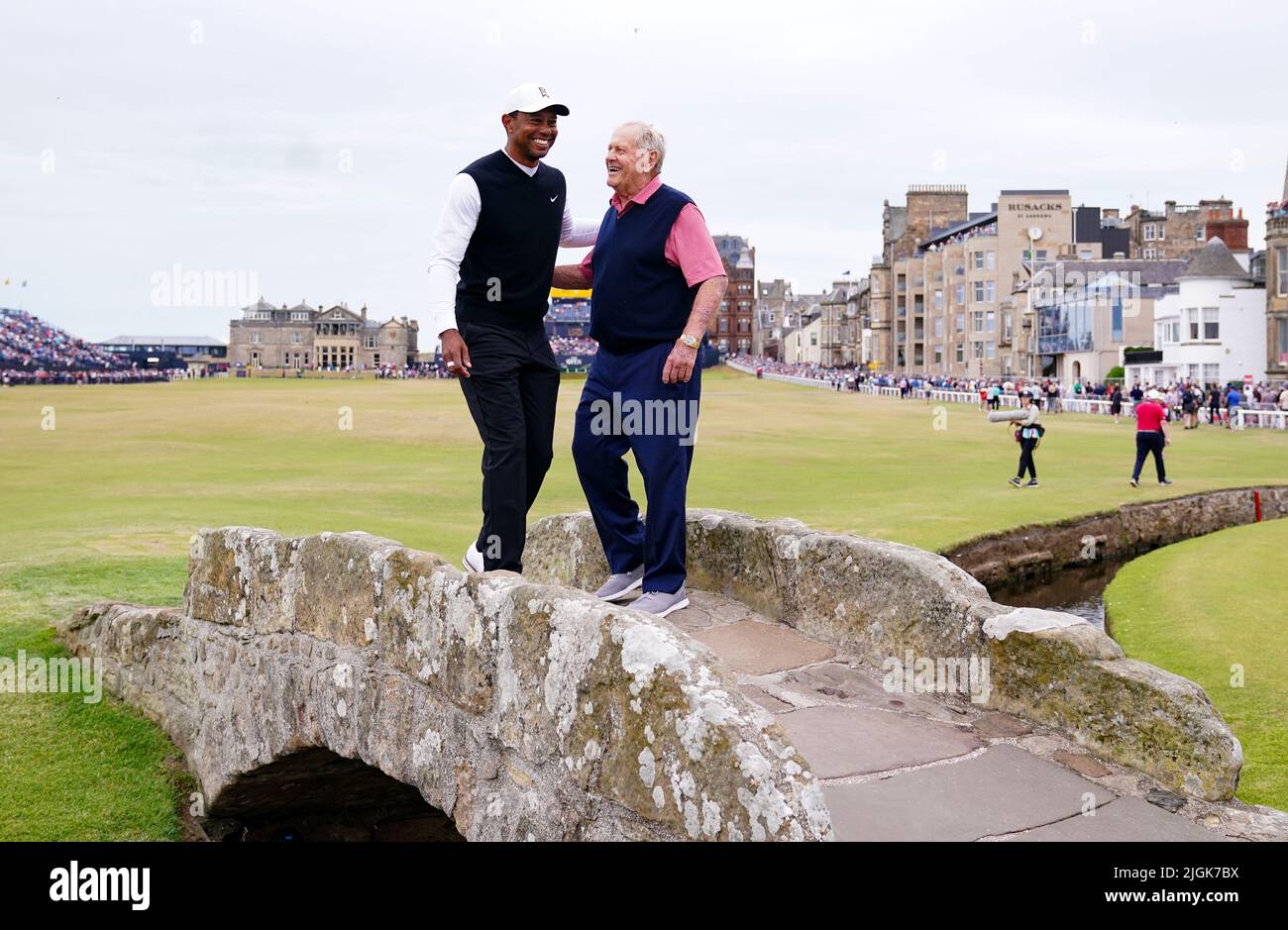 Tiger Woods and Jack Nicklaus pose for a photo on the Swilcan Bridge ...