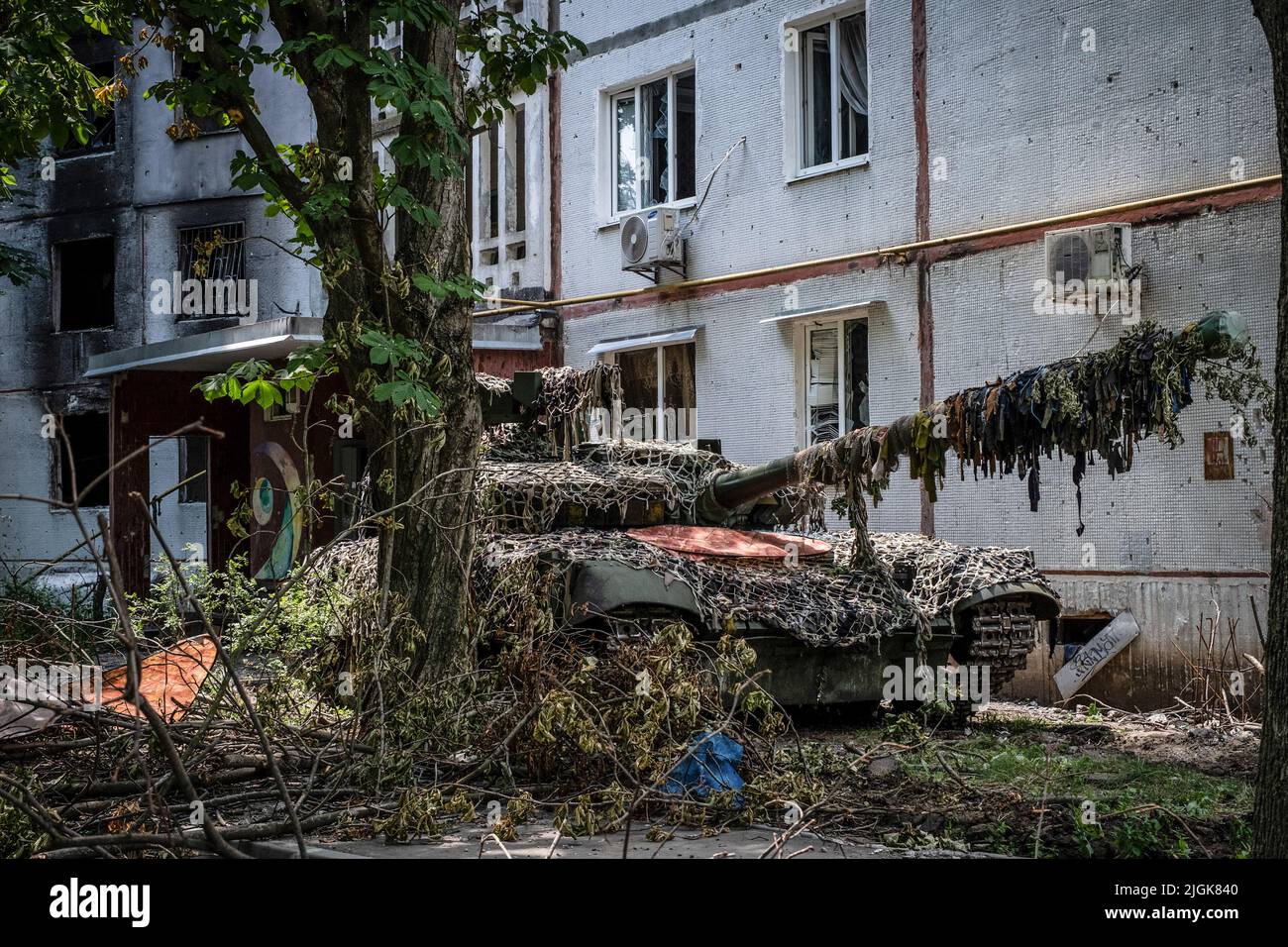 Kharkiv, Ukraine. 07th July, 2022. A Ukrainian tank covered in ...