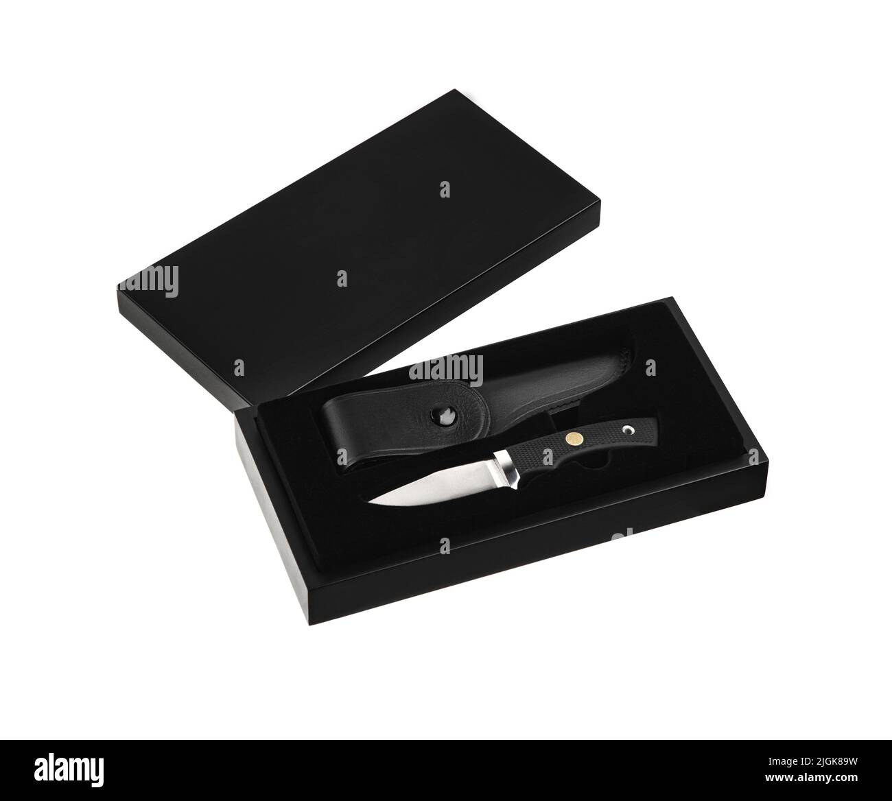 Modern hunting knife with silver blade and rubber handle. Steel arms ...