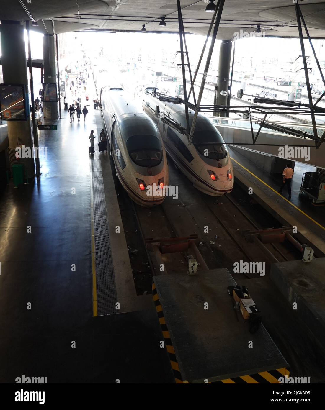 AVE high speed trains operated by Renfe at Madrid railway station awaiting departure to ...