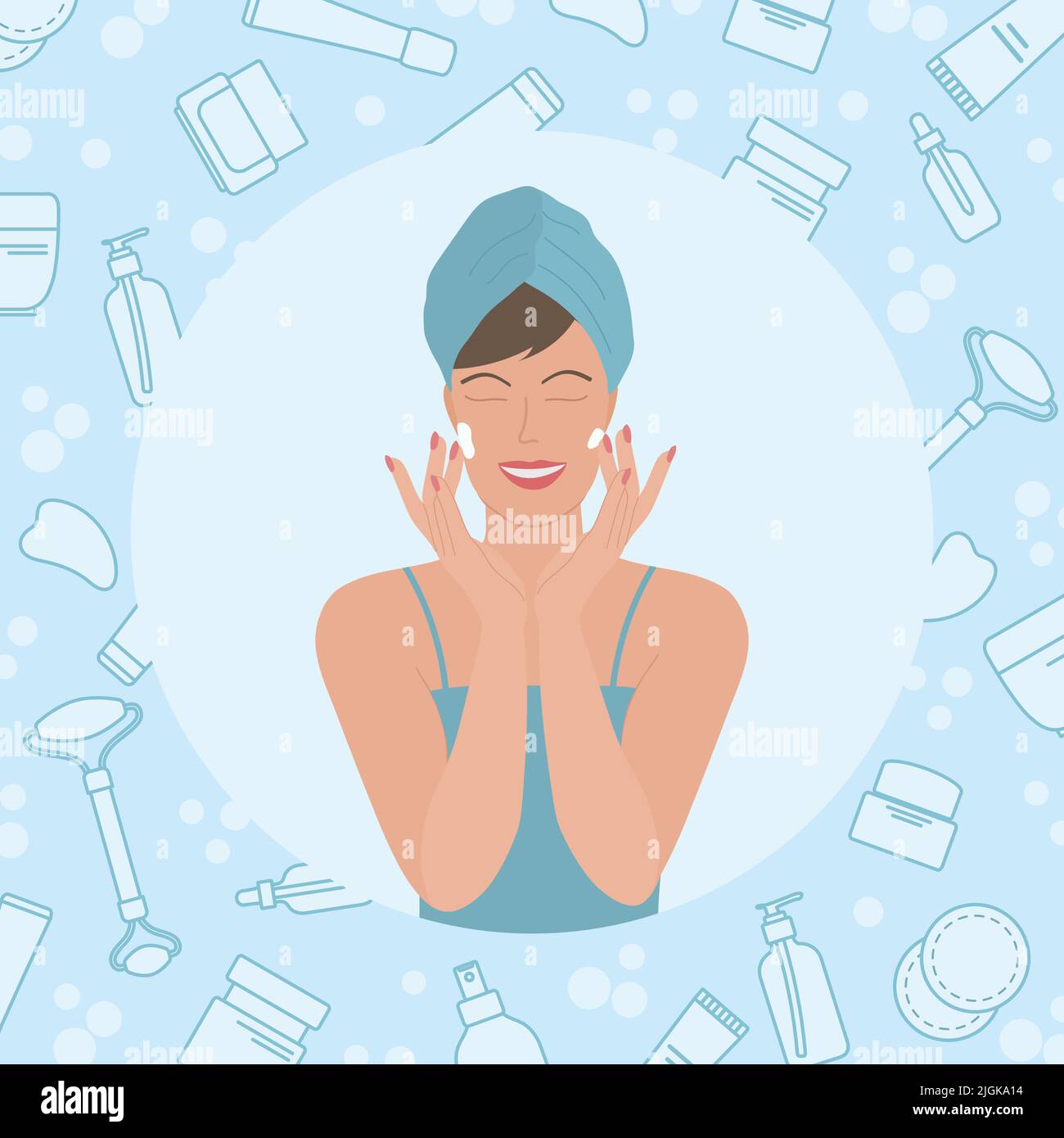 Vector illustration Woman applying moisturizing cream on face. Girl ...