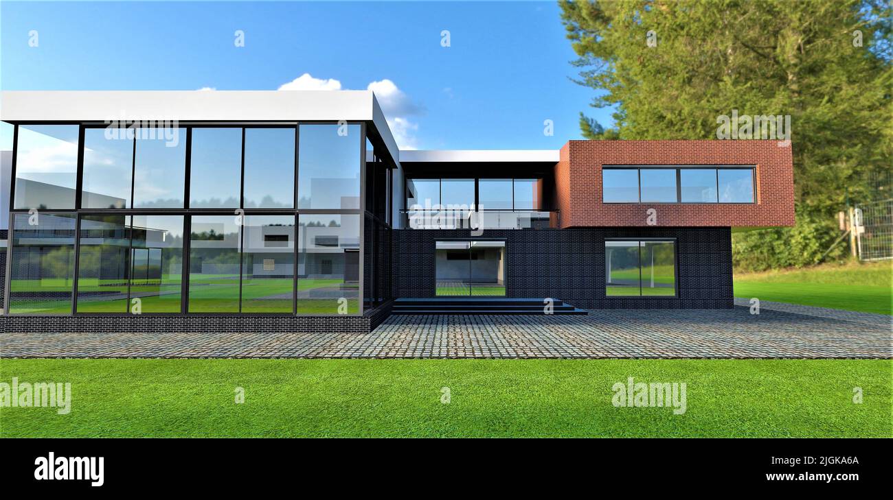 Clear sunny day reflects in windows of the contemporary design house ...