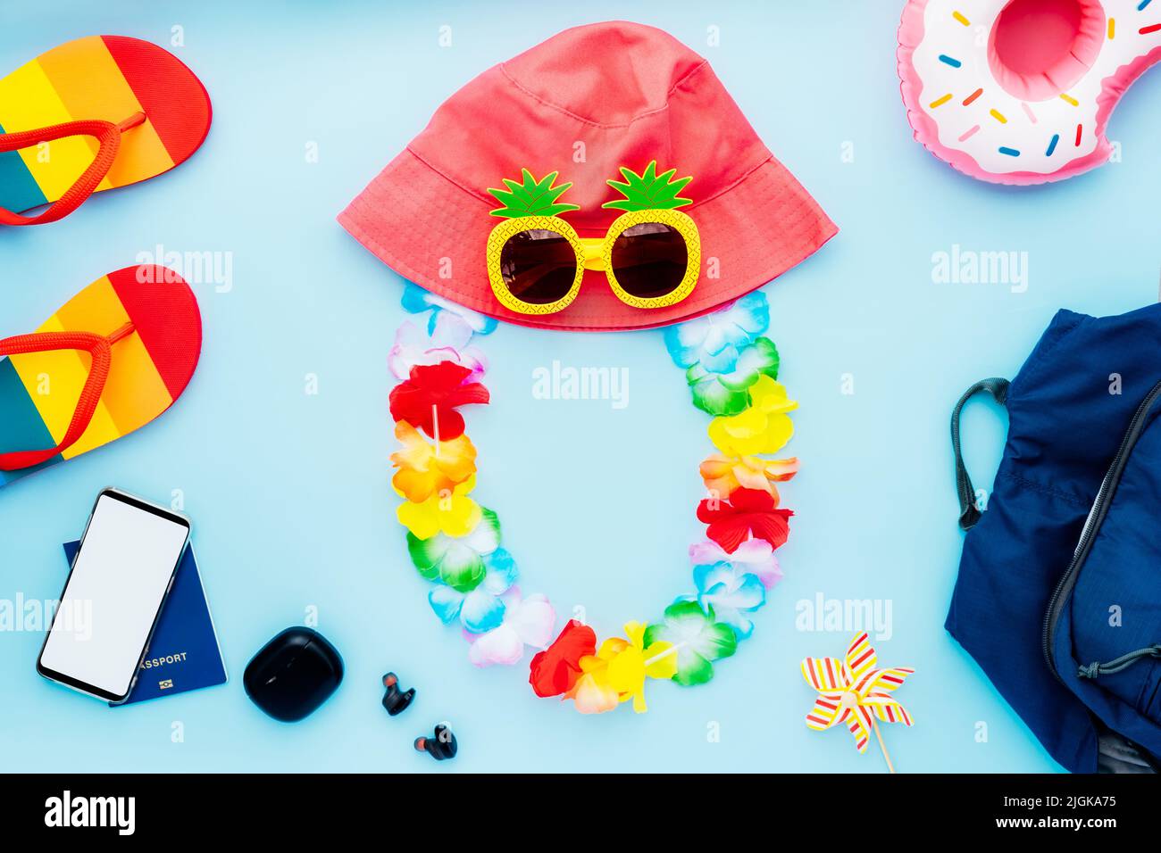 Top view summer vacation concept with necessary travel stuff. Backpack ...