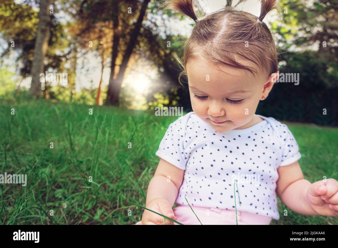 Baby girl sitting in grass in park touching playing and exploring ...