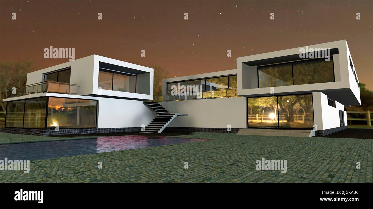 Fairy night. Advanced house with swimming pool. Reflection of lights in ...