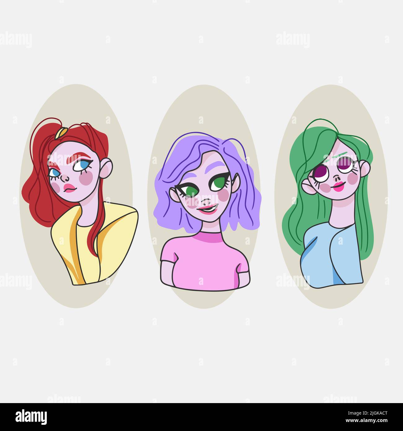 Set of cute cartoon avatars, girls, group of people, colorful hair ...