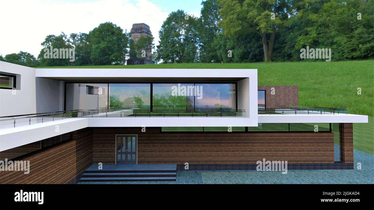 Entrance to a chic high-tech country house. Oblong windows are combined ...