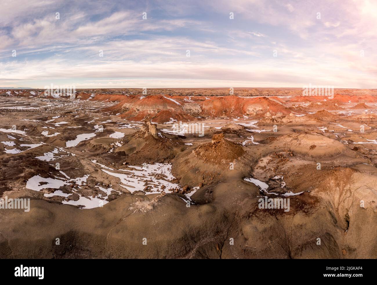Aerial panoramic view of Bisti De-Na-Zin Wilderness area in New Mexico ...