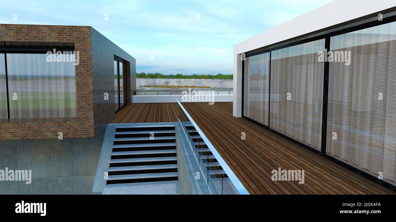 Spacious advanced country house. Wooden terrace. Concrete stairs. Large ...