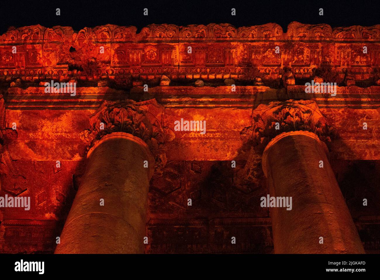 Baalbek, Lebanon. 10th July, 2022. Bacchus Temple is lit before the ...