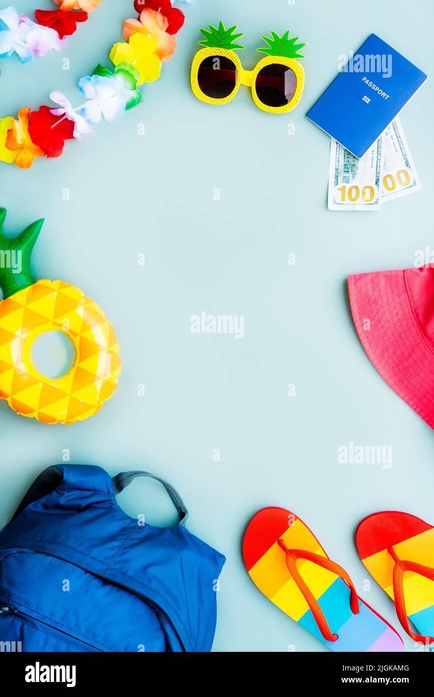 Top view summer vacation concept with all main necessary travel stuff ...
