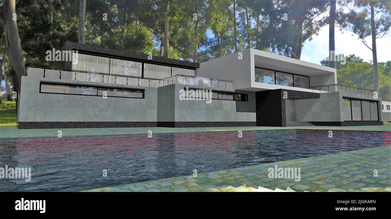 Luxurious modern high-tech house in the forest. Large swimming pool. 3d ...