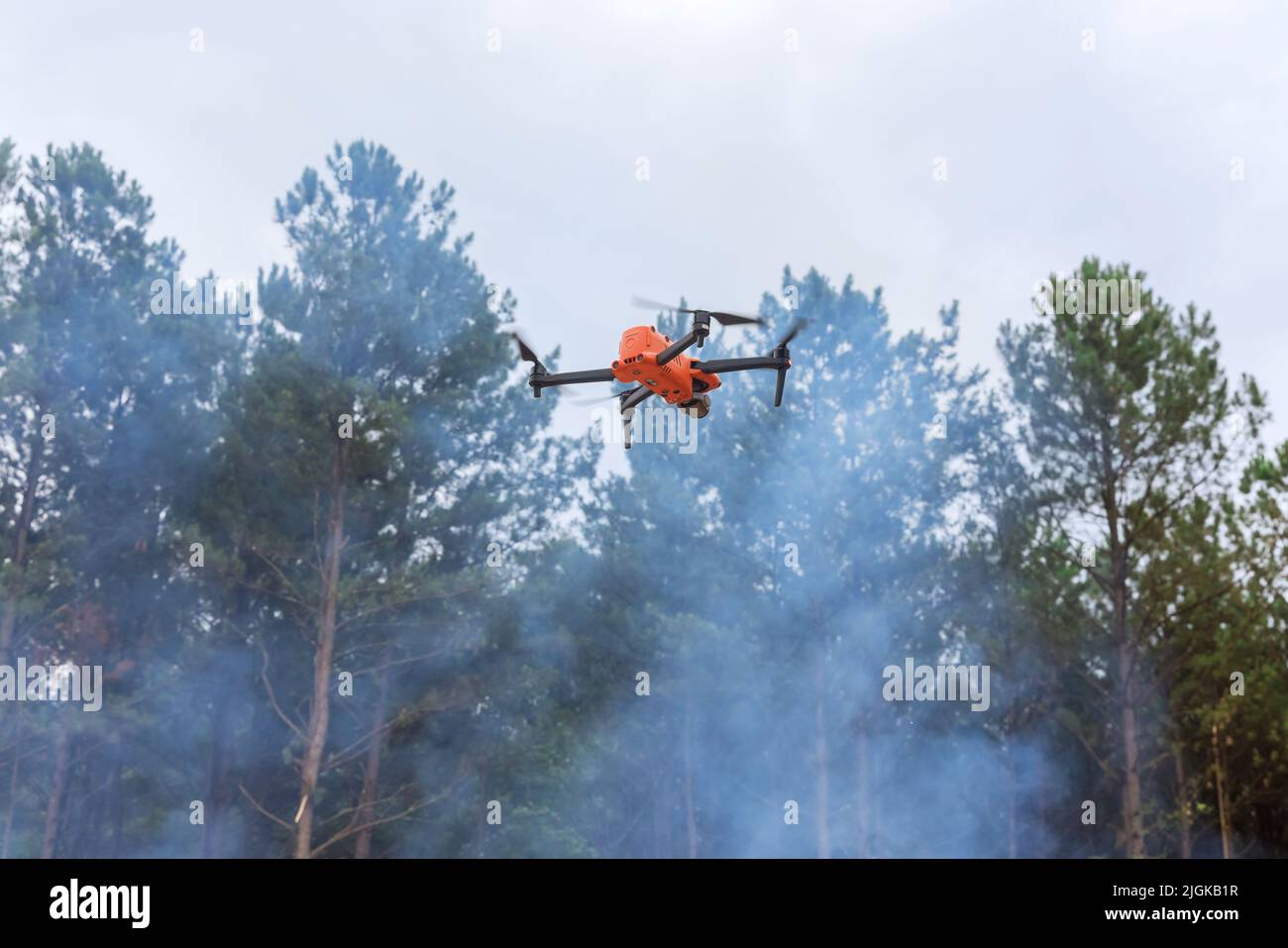 In follow a fire through the forest trees with a drone, the fire ...