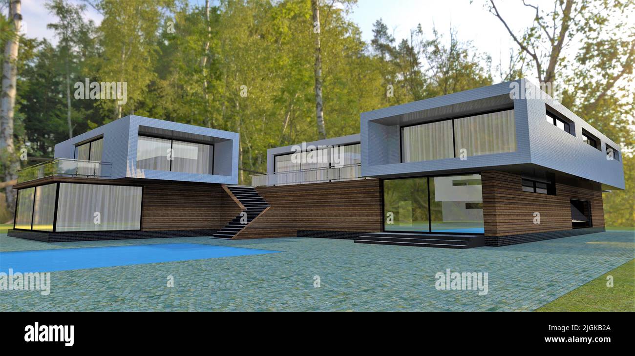 A cozy high-tech house with a rooftop terrace and a blue pool against ...