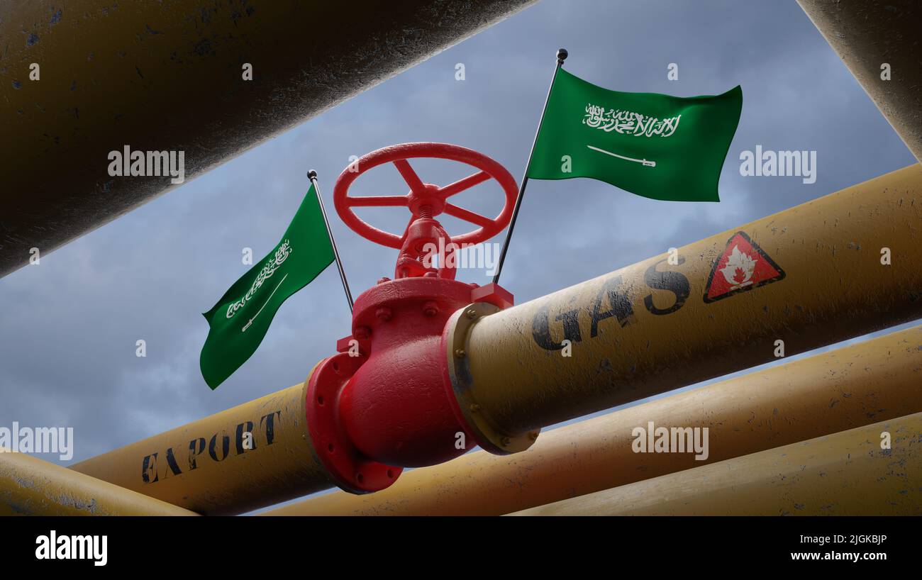 Valve on the main gas pipeline Saudi Arabia, Pipeline with flags Saudi ...