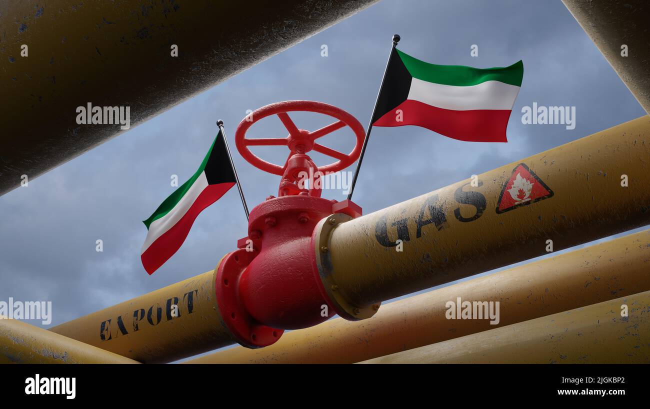Valve on the main gas pipeline Kuwait, Pipeline with flags Kuwait ...