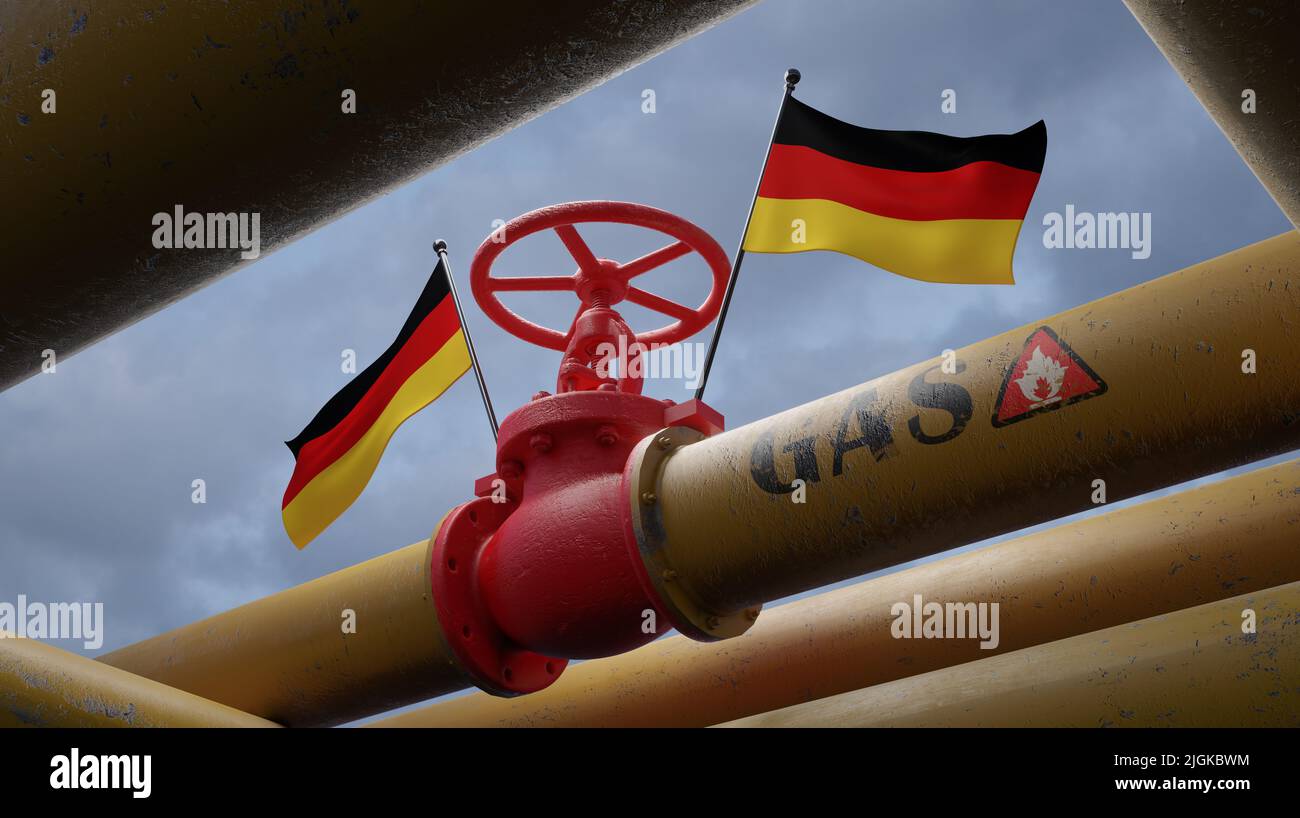 Valve on the main gas pipeline Germany, Pipeline with flags Germany ...