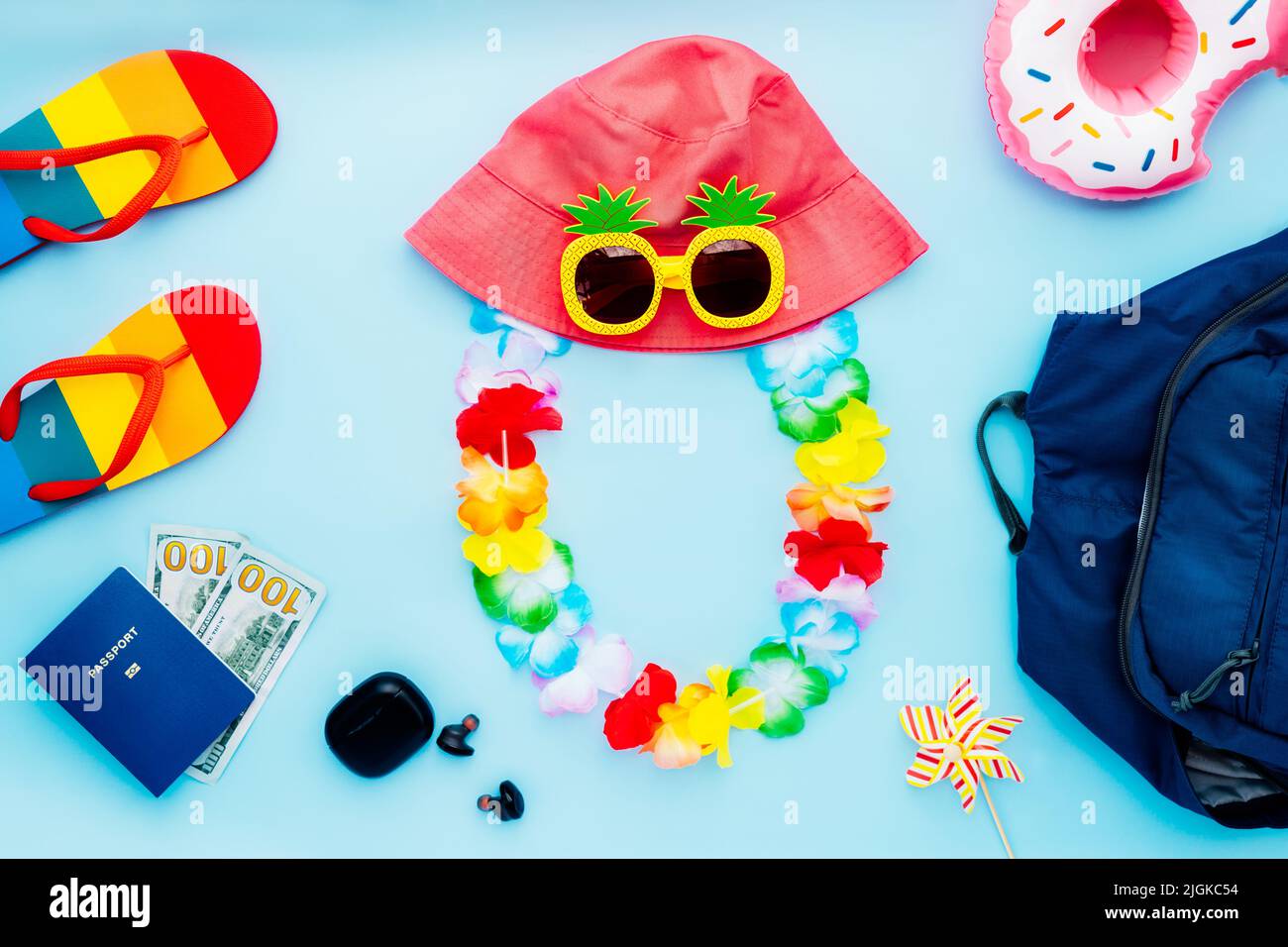 Top view summer vacation concept with all main necessary travel stuff ...