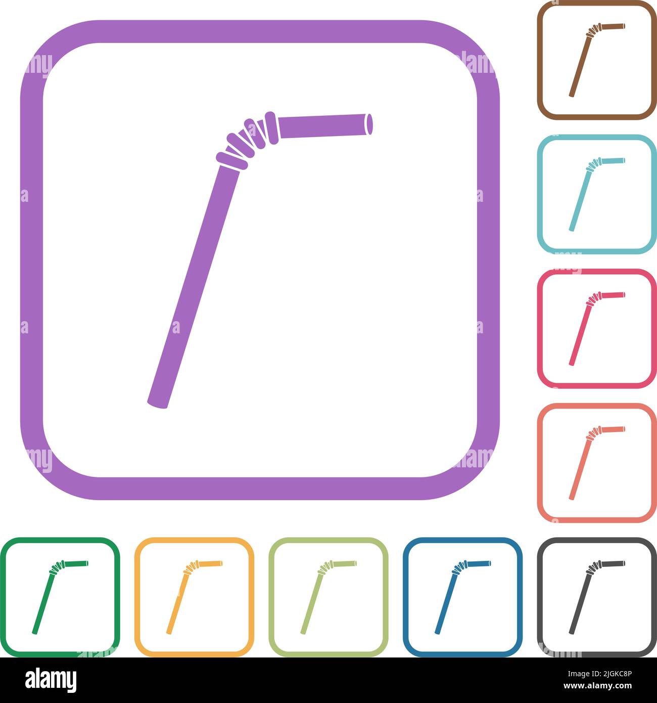 Single drinking straw solid simple icons in color rounded square frames on white background ...