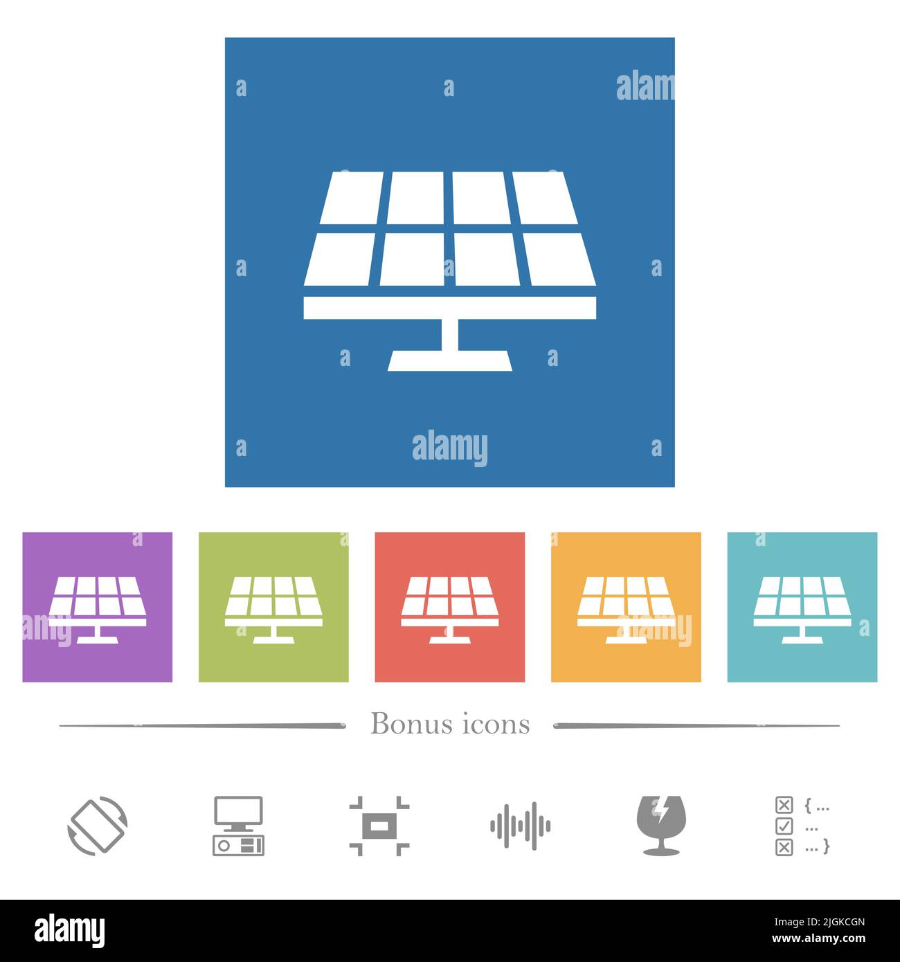 Solar panel solid flat white icons in square backgrounds. 6 bonus icons ...