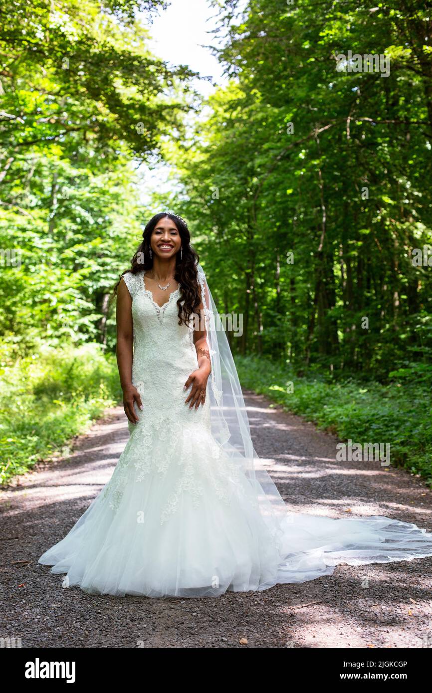 portrait of a beautiful african-american bride standing in white gown ...