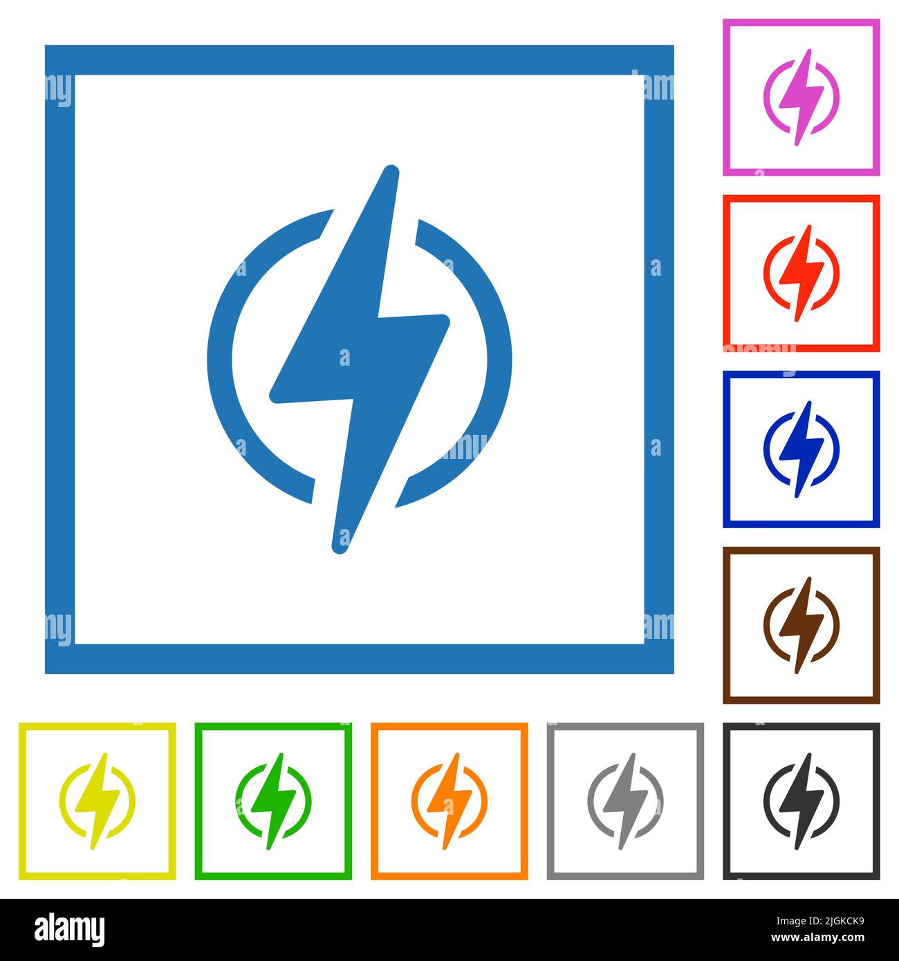 Lightning in circle outline flat color icons in square frames on white ...